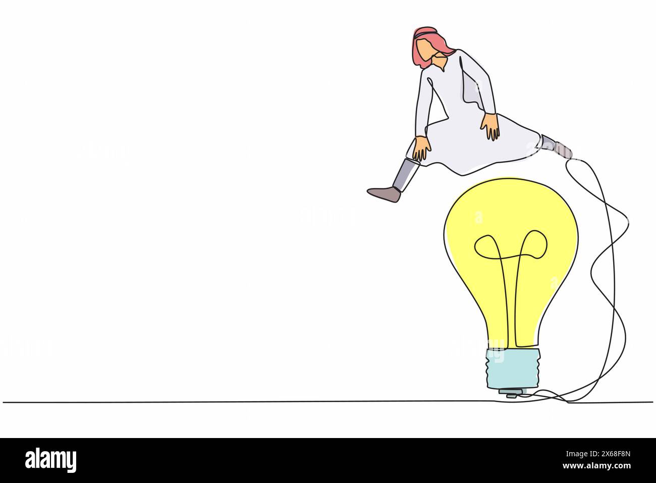Single continuous line drawing Arab businessman jumping over big light ...