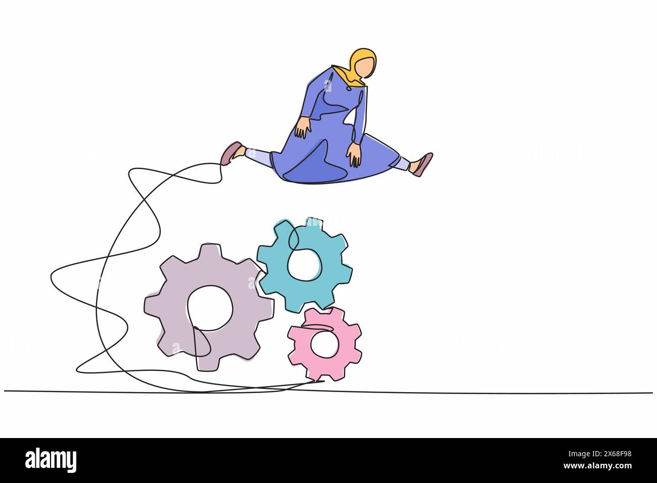 Single one line drawing Arab businesswoman jumping over big gears ...