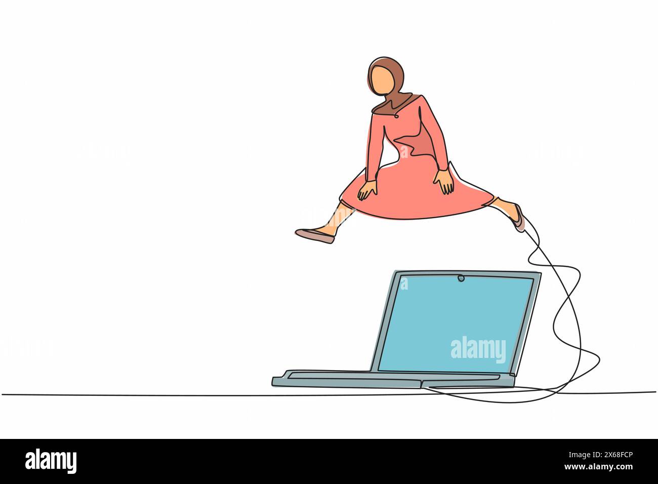 Single one line drawing Arab businesswoman jumping over big laptop ...