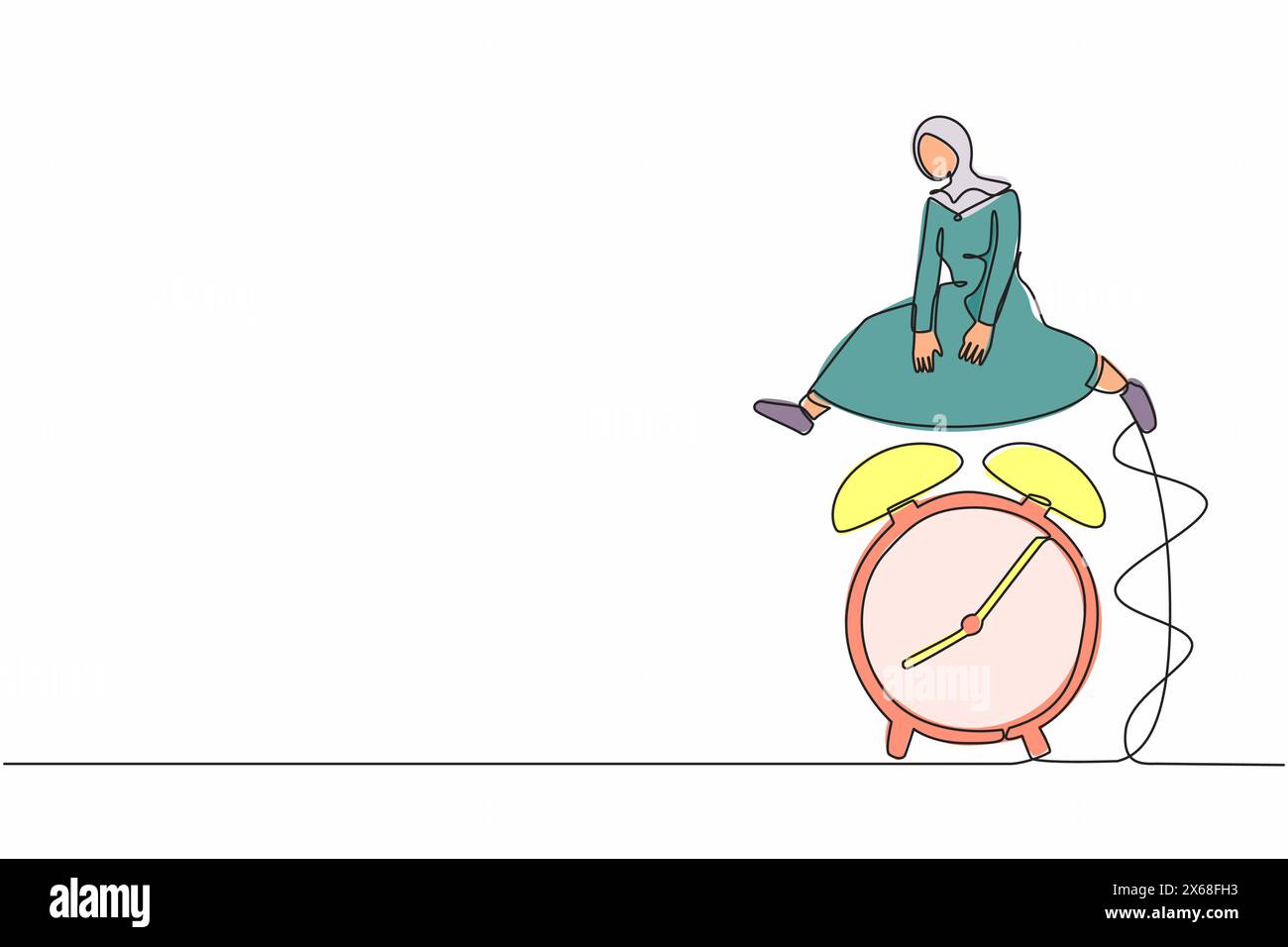 Single continuous line drawing Arabian businesswoman jump over alarm ...
