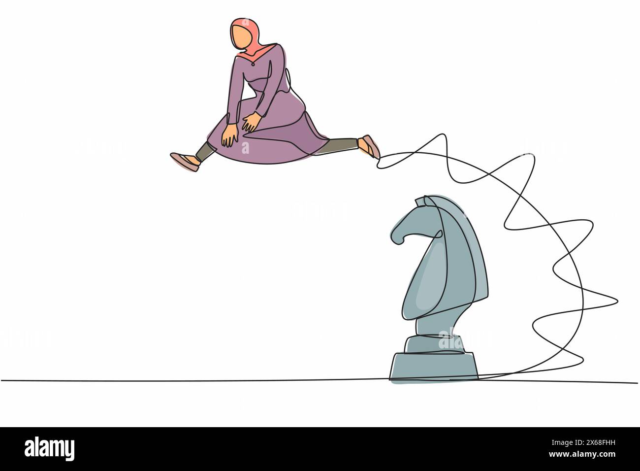 Single continuous line drawing Arab businesswoman jump over chess horse ...