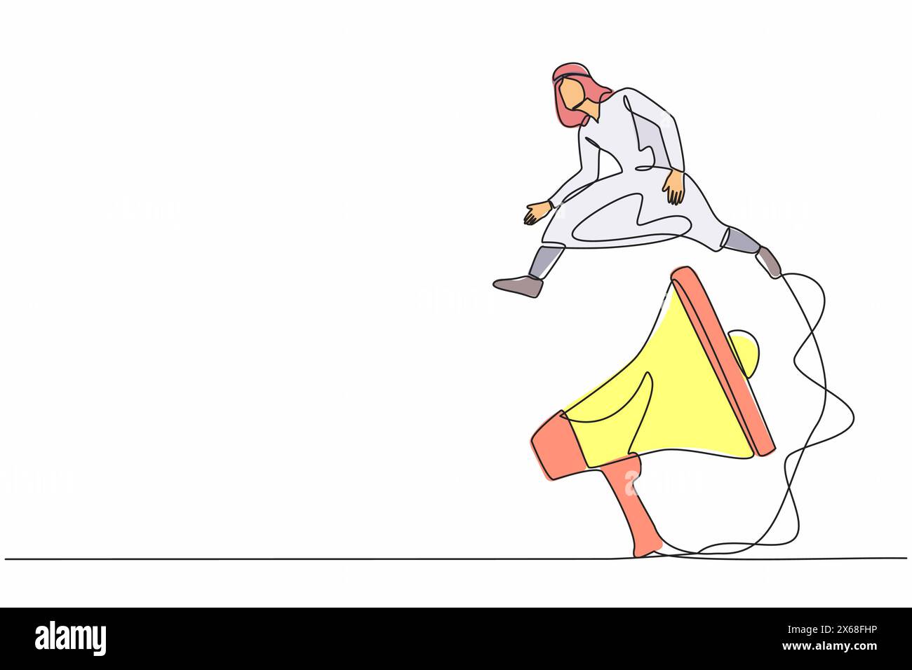 Single continuous line drawing Arab businessman jump over big megaphone ...