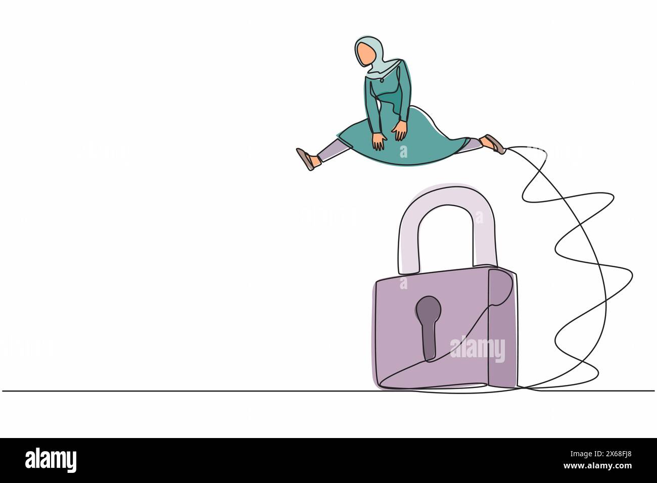 Single one line drawing active Arab businesswoman jumping big padlock ...