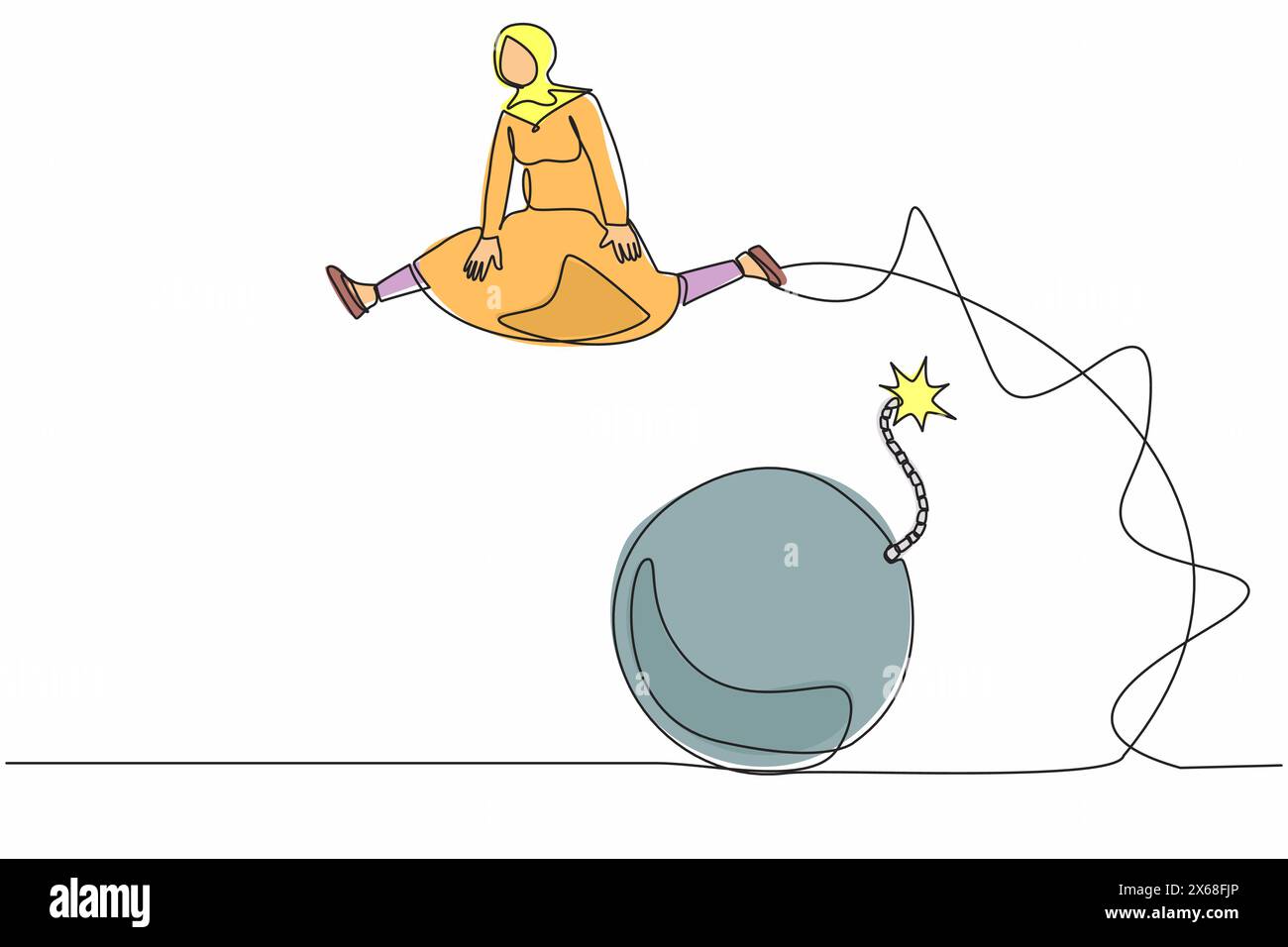 Single continuous line drawing Arab businesswoman jumping over bomb ...
