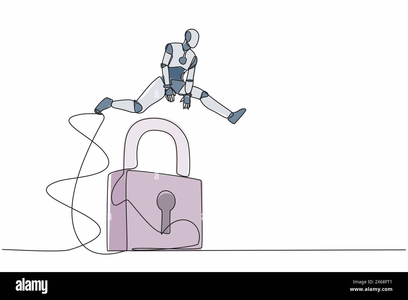 Single continuous line drawing robot jumping big padlock. Business ... Single continuous line drawing robot jumping big padlock. Business ...