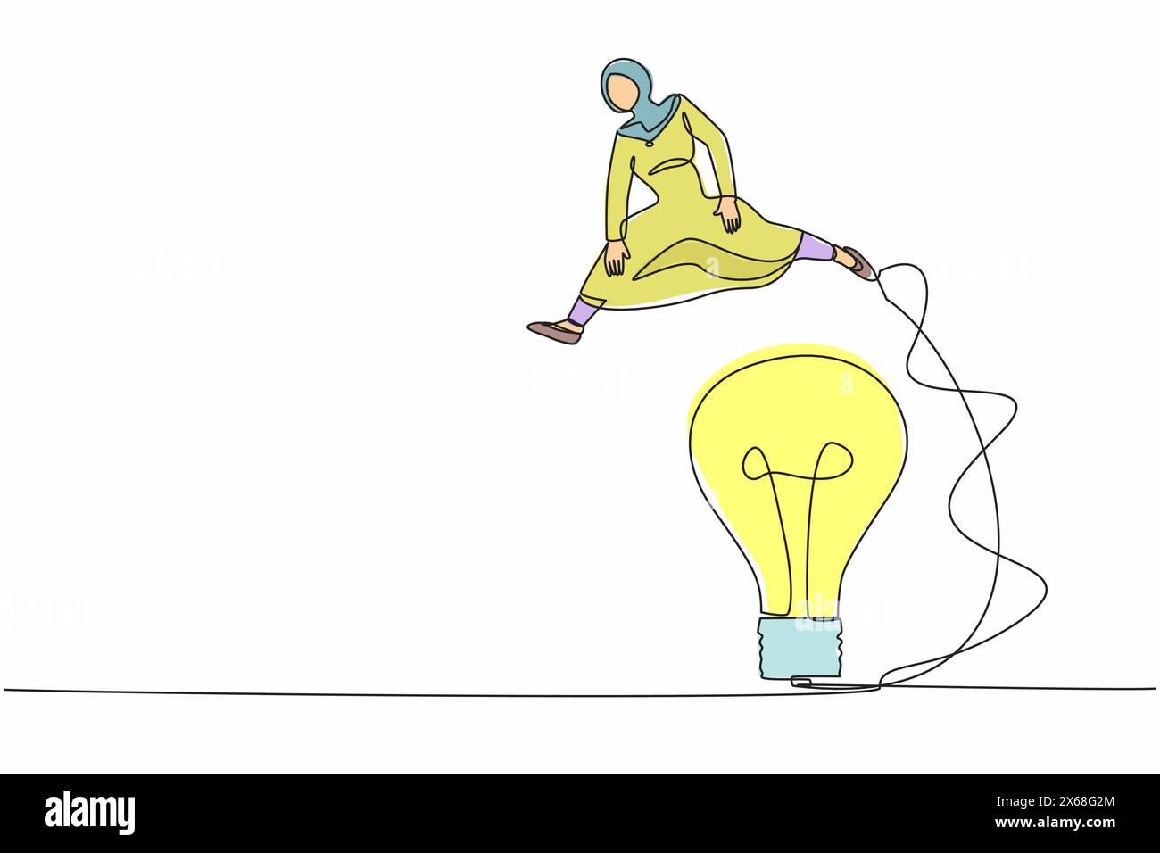Single continuous line drawing Arabian businesswoman jumping over big ...