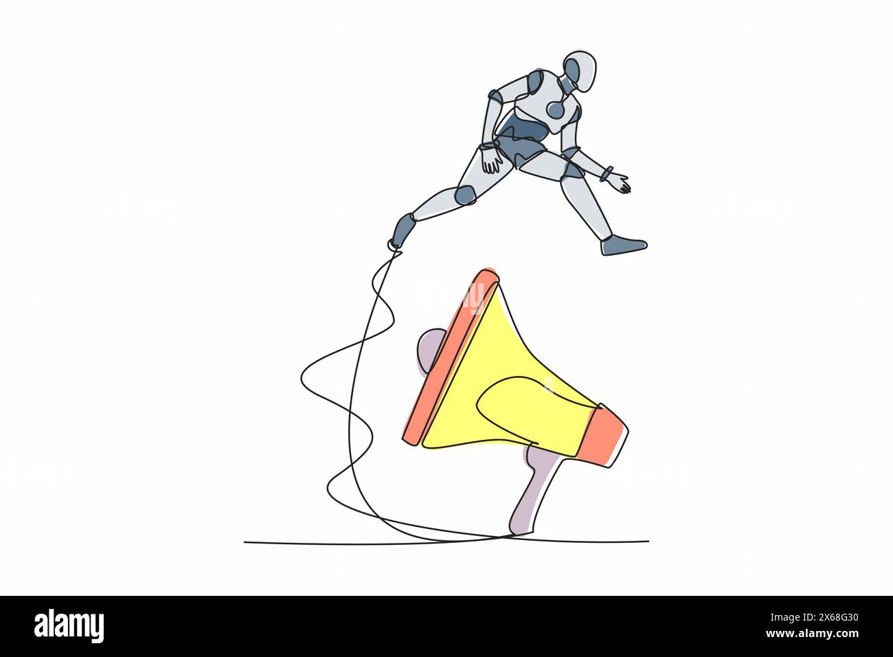 Single continuous line drawing robot jumping over big megaphone ... Single continuous line drawing robot jumping over big megaphone ...