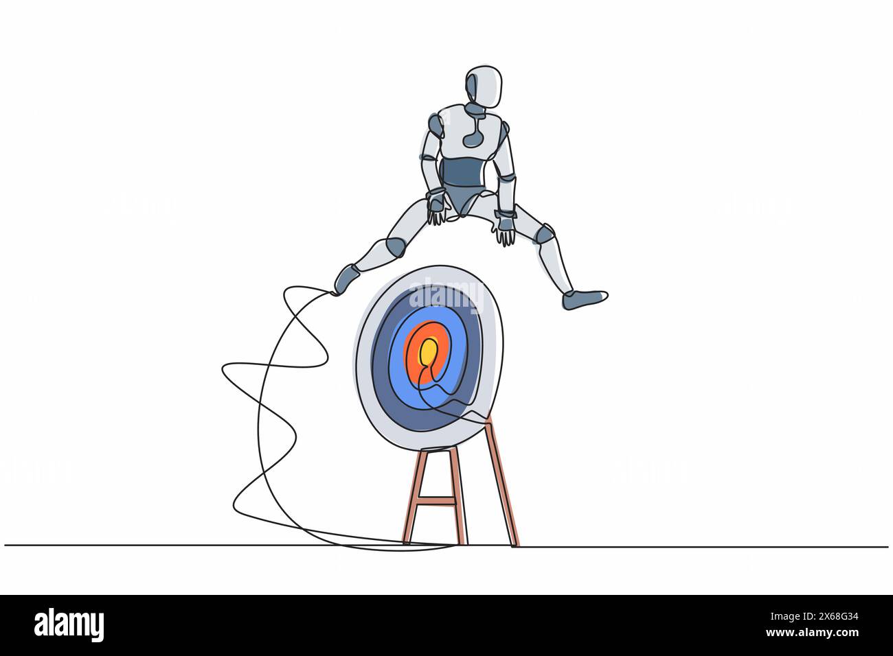 Single one line drawing robot jumping on big archery bullseye target ...