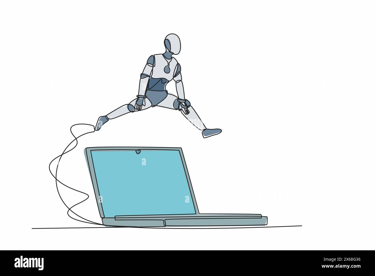 Single one line drawing robot jumping over big laptop computer. Office ...