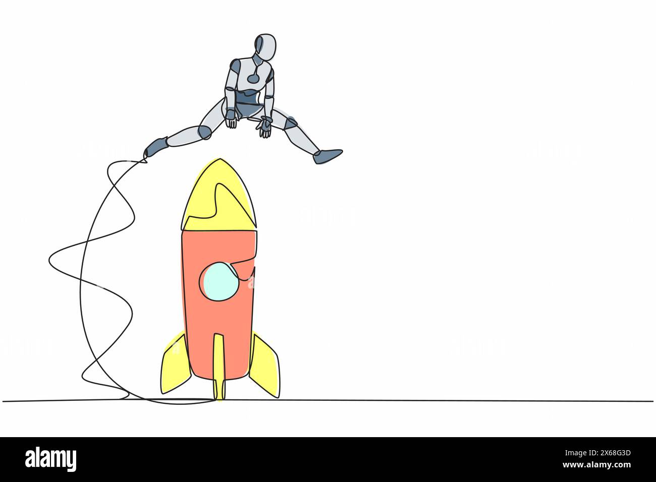 Single continuous line drawing robot jumping over big rocket ... Single continuous line drawing robot jumping over big rocket ...