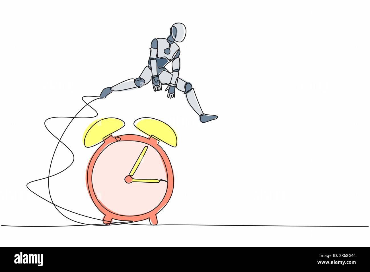 Continuous one line drawing robot jump over alarm clock. Business ...