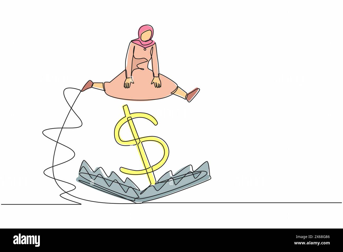 Single one line drawing Arabian businesswoman jumping over money ...
