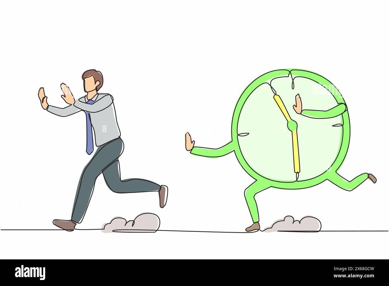 Single continuous line drawing stressed businessman being chased by ...