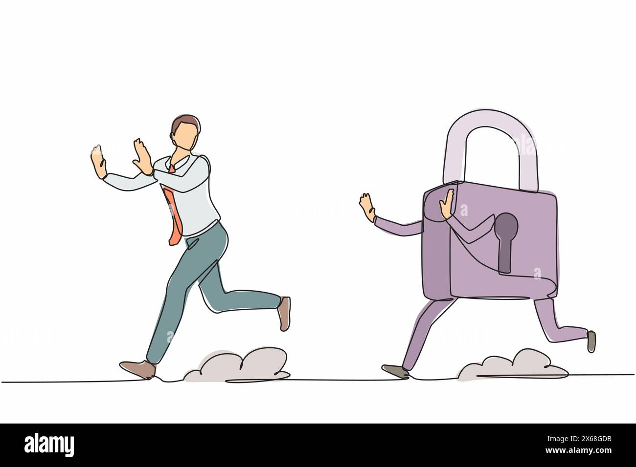 Single one line drawing stressed businessman being chased by padlock ...