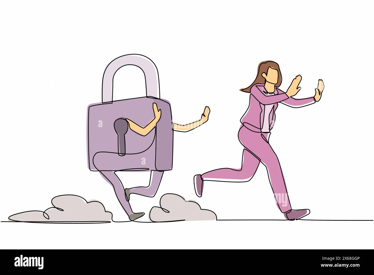Single one line drawing scared businesswoman being chased by padlock ...