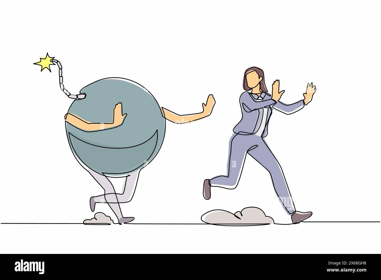 Continuous one line drawing scared businesswoman being chased by bomb ...