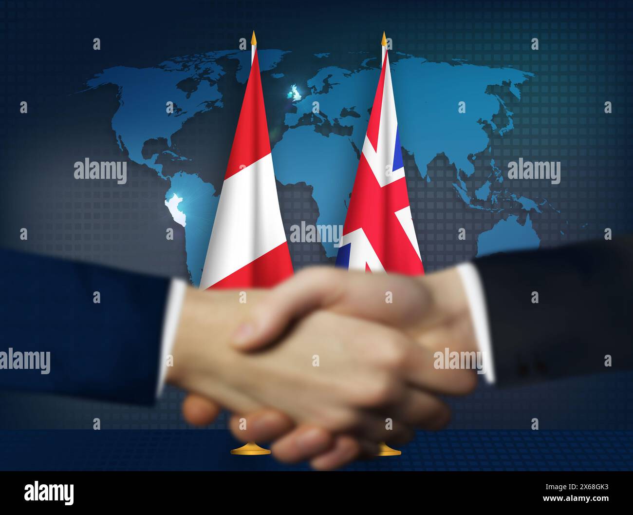 Two people shaking hands in front of Peru and UK flags Stock Photo - Alamy
