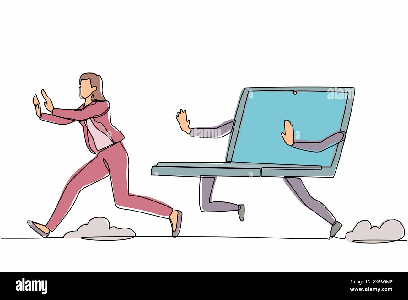 Single continuous line drawing scared businesswoman being chased by ...