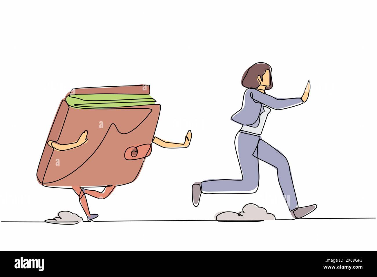 Continuous one line drawing scared businesswoman being chased by wallet ...