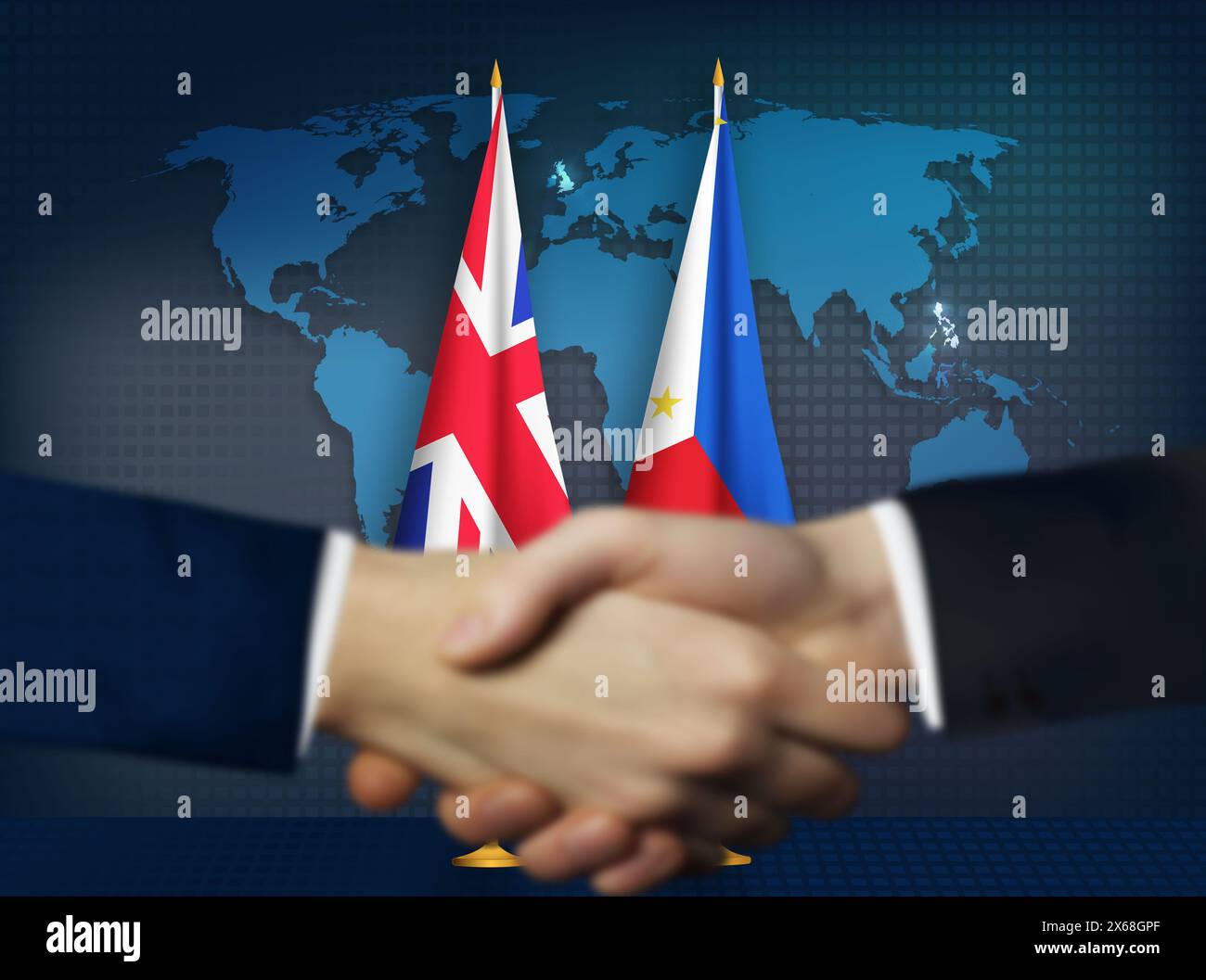 Two people shaking hands in front of Philippines and UK flags Stock ...
