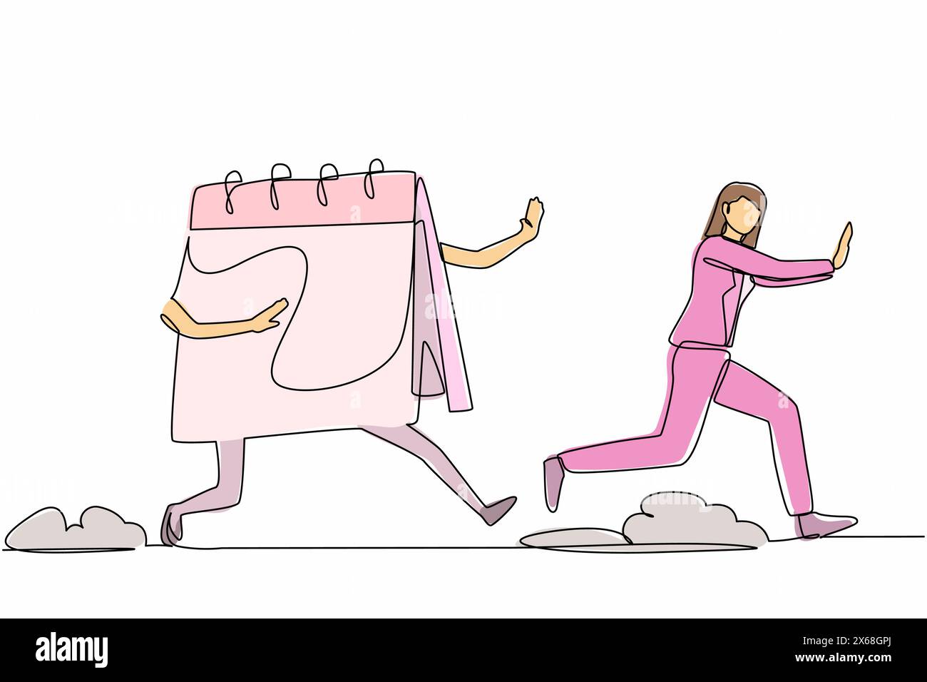 Single one line drawing scared businesswoman being chased by calendar ...