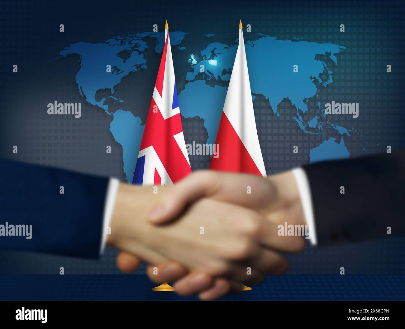 Two people shaking hands in front of Poland and UK flags Stock Photo ...
