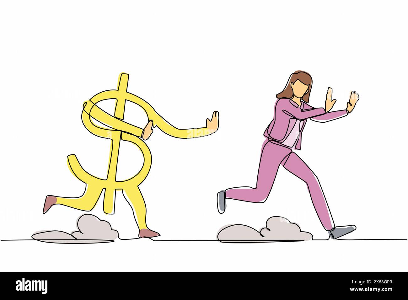 Continuous one line drawing scared businesswoman being chased by dollar ...
