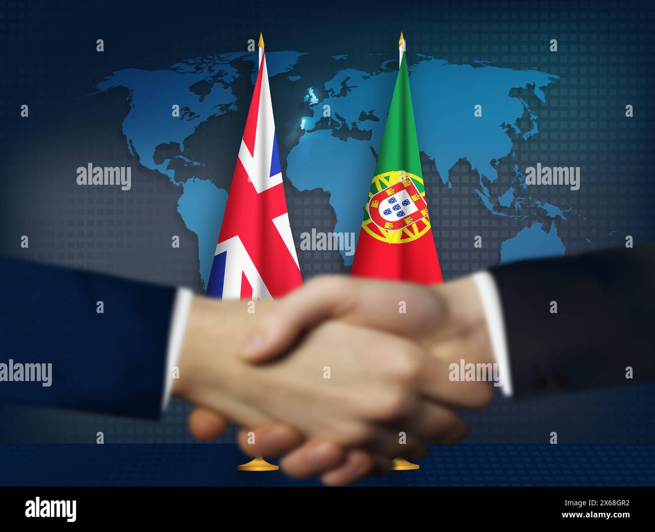 Two people shaking hands in front of Portugal and UK flags Stock Photo ...