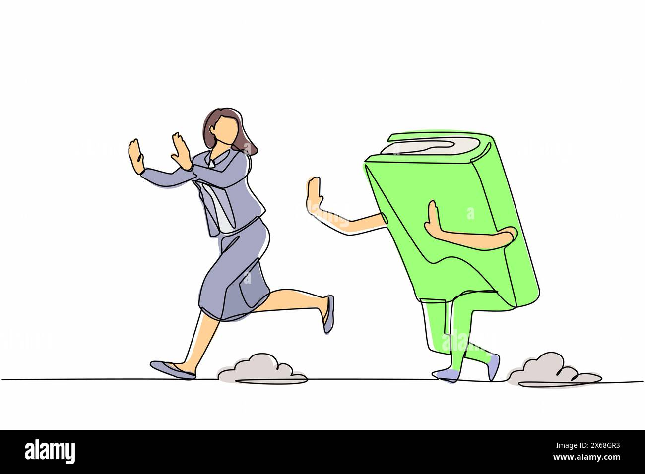 Single continuous line drawing scared businesswoman being chased by ...