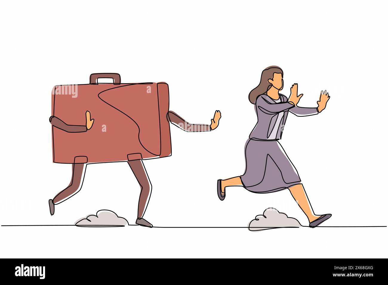 Continuous one line drawing scared businesswoman being chased by ...
