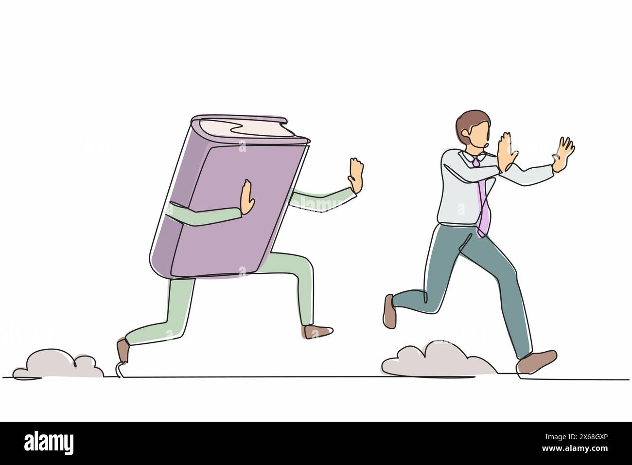 Single one line drawing stressed businessman being chased by book ...