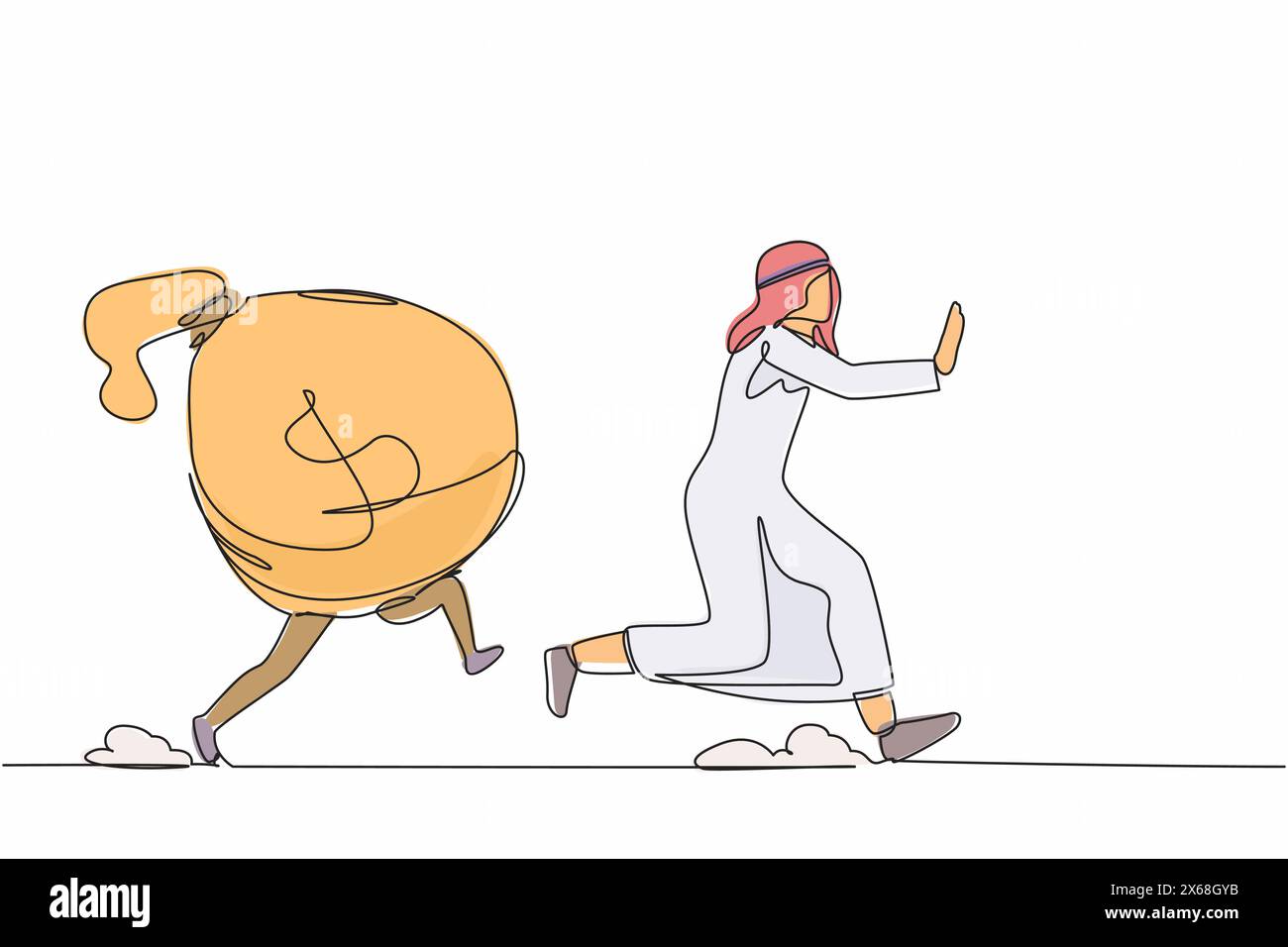 Single one line drawing unhappy Arab businessman being chased by money ...