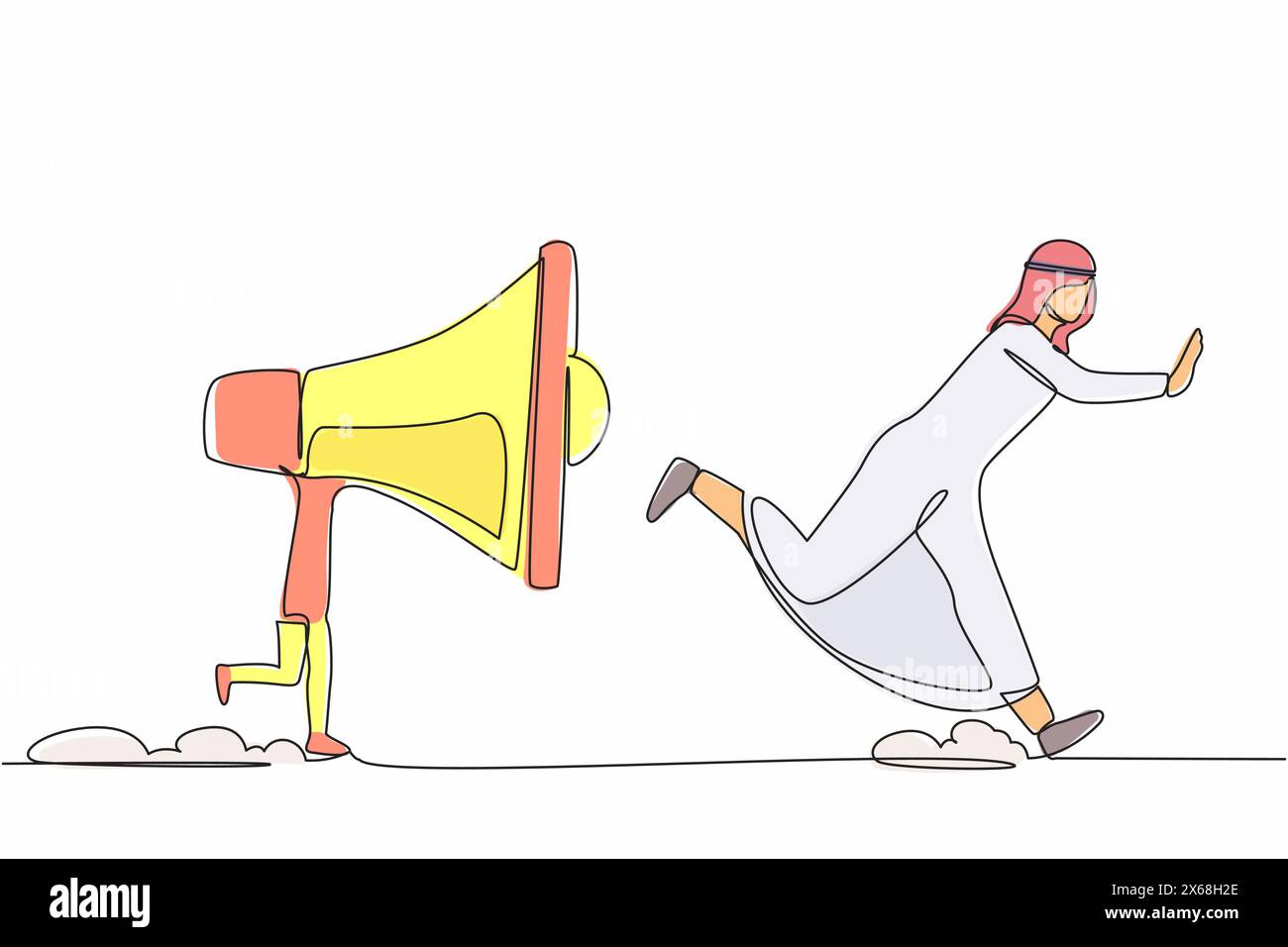 Single continuous line drawing unhappy Arabian businessman being chased ...