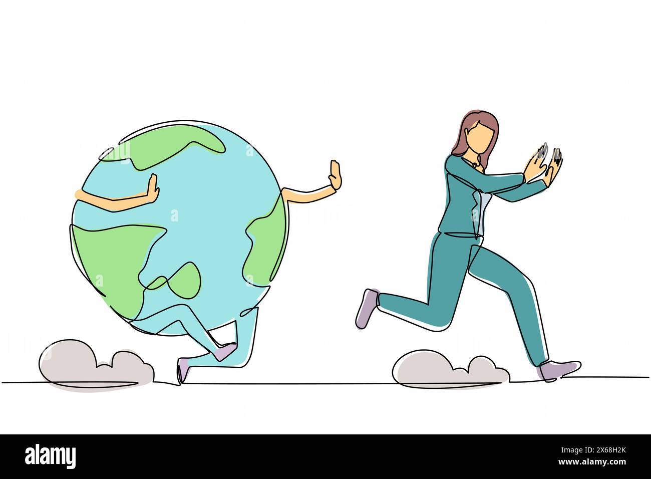 Single one line drawing scared businesswoman being chased by globe ...