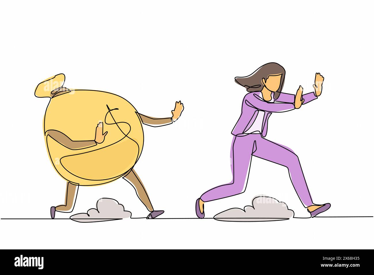 Continuous one line drawing scared businesswoman being chased by money ...