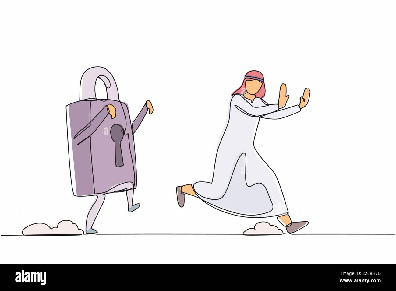 Continuous one line drawing unhappy Arabian businessman being chased by ...