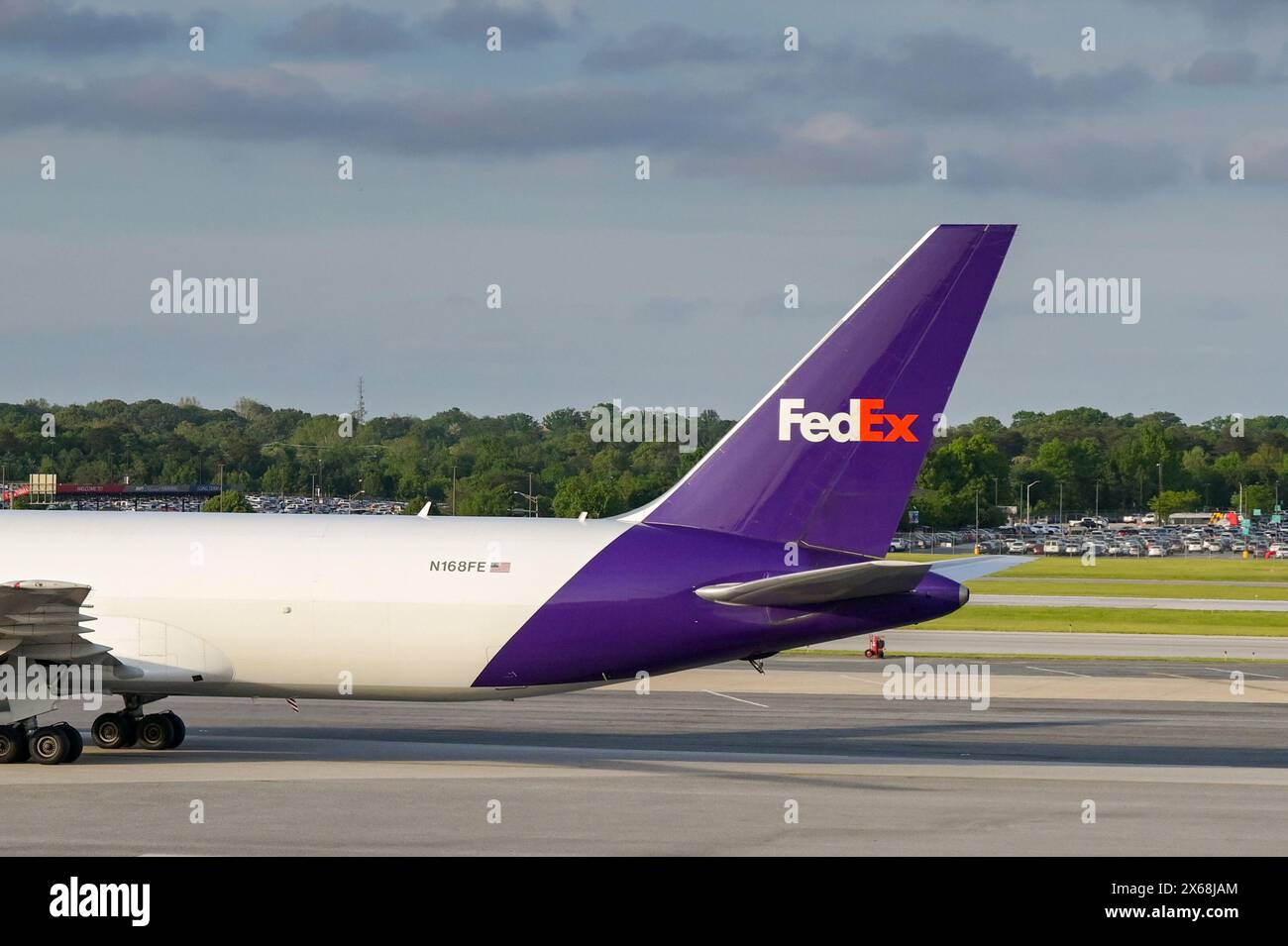 Baltimore, Maryland, USA - 3 May 2024: Tail fin of Boeing 767 cargo jet (registration N168FE ...