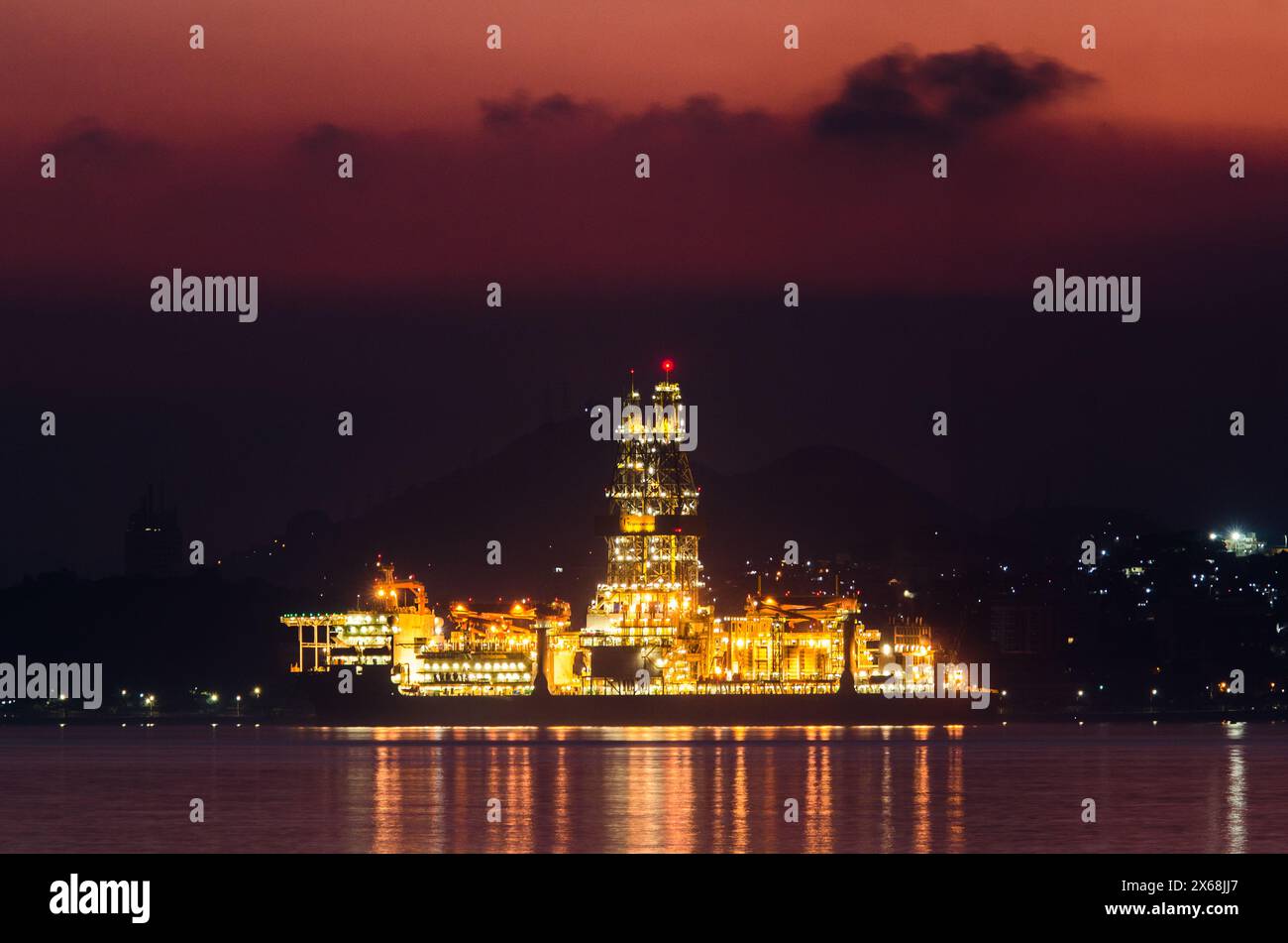 Oil Drilling Rig With Lights on Guanabara Bay in Rio de Janeiro, Brazil ...