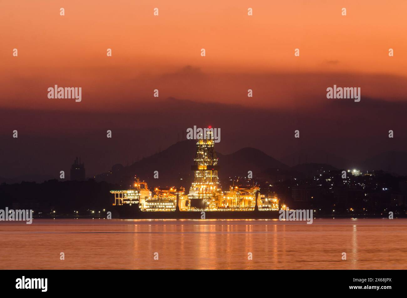 Oil Drilling Rig With Lights on Guanabara Bay in Rio de Janeiro, Brazil ...