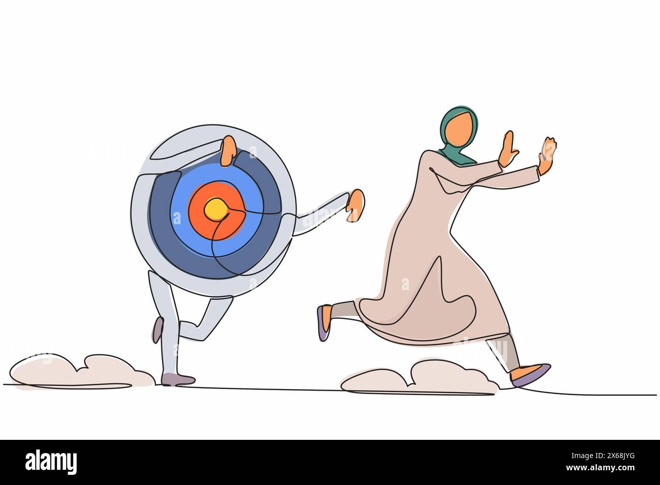 Single continuous line drawing fright Arabian businesswoman being ...