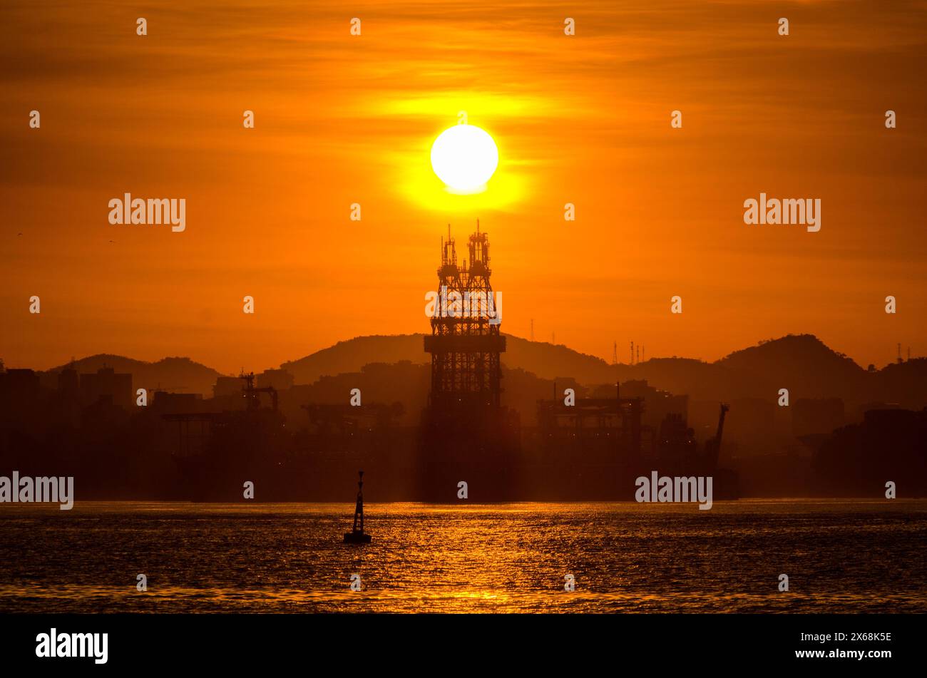 Oil Drilling Rig in Guanabara Bay With Sun Rising Above in Rio de ...