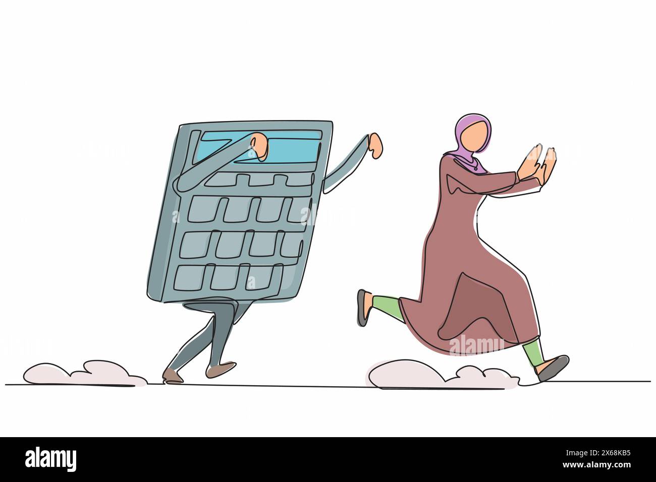 Single continuous line drawing fright Arabian businesswoman being ...