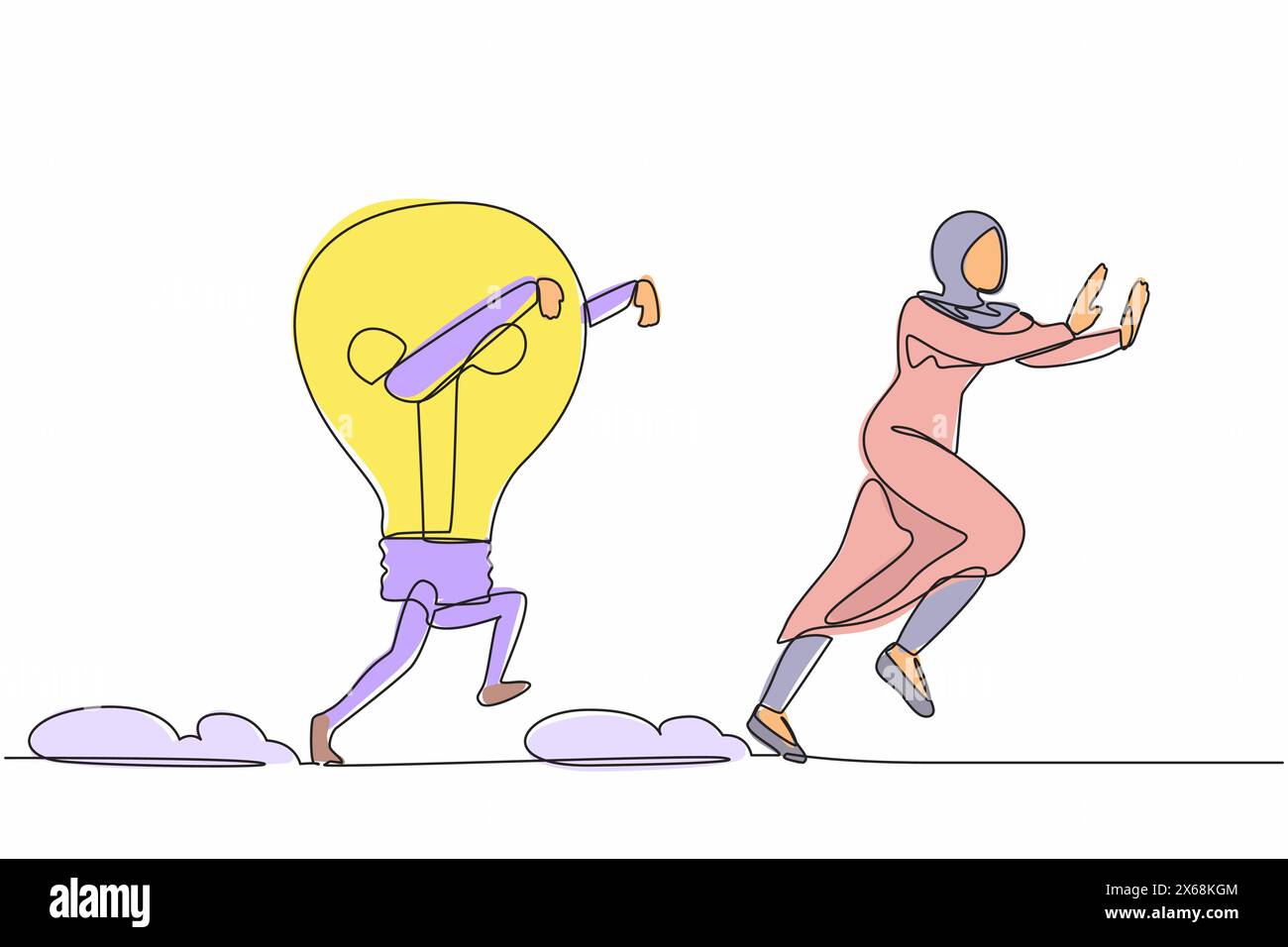 Single one line drawing fright Arab businesswoman being chased by light ...