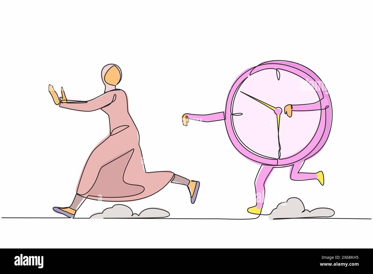 Continuous one line drawing fright Arab businesswoman being chased by ...