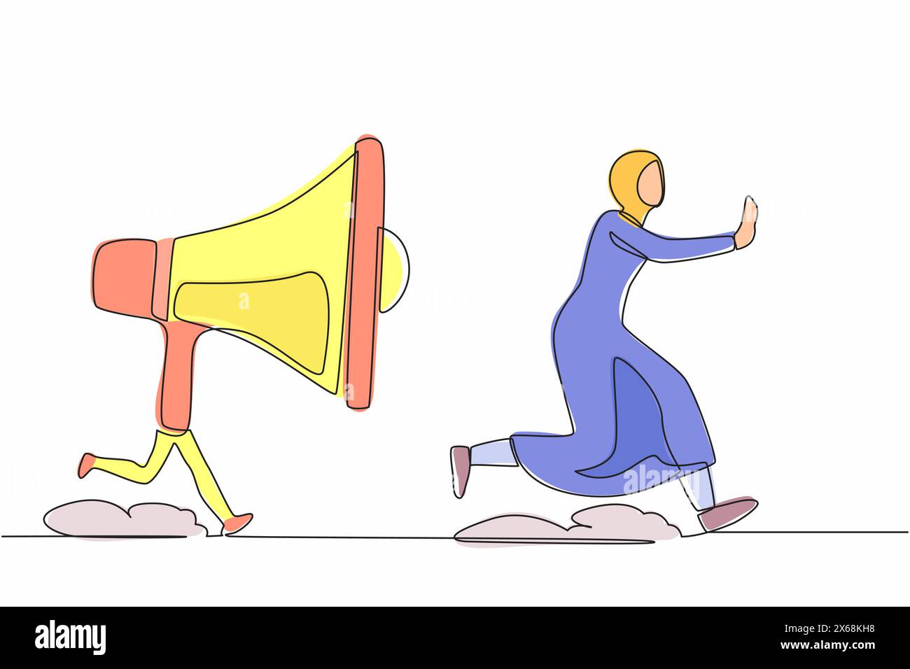 Continuous one line drawing fright Arabian businesswoman being chased ...