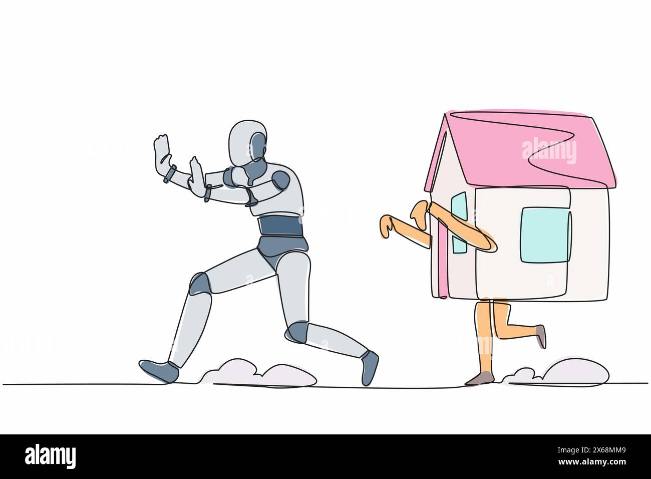 Continuous one line drawing stressed robot being chased by house ...