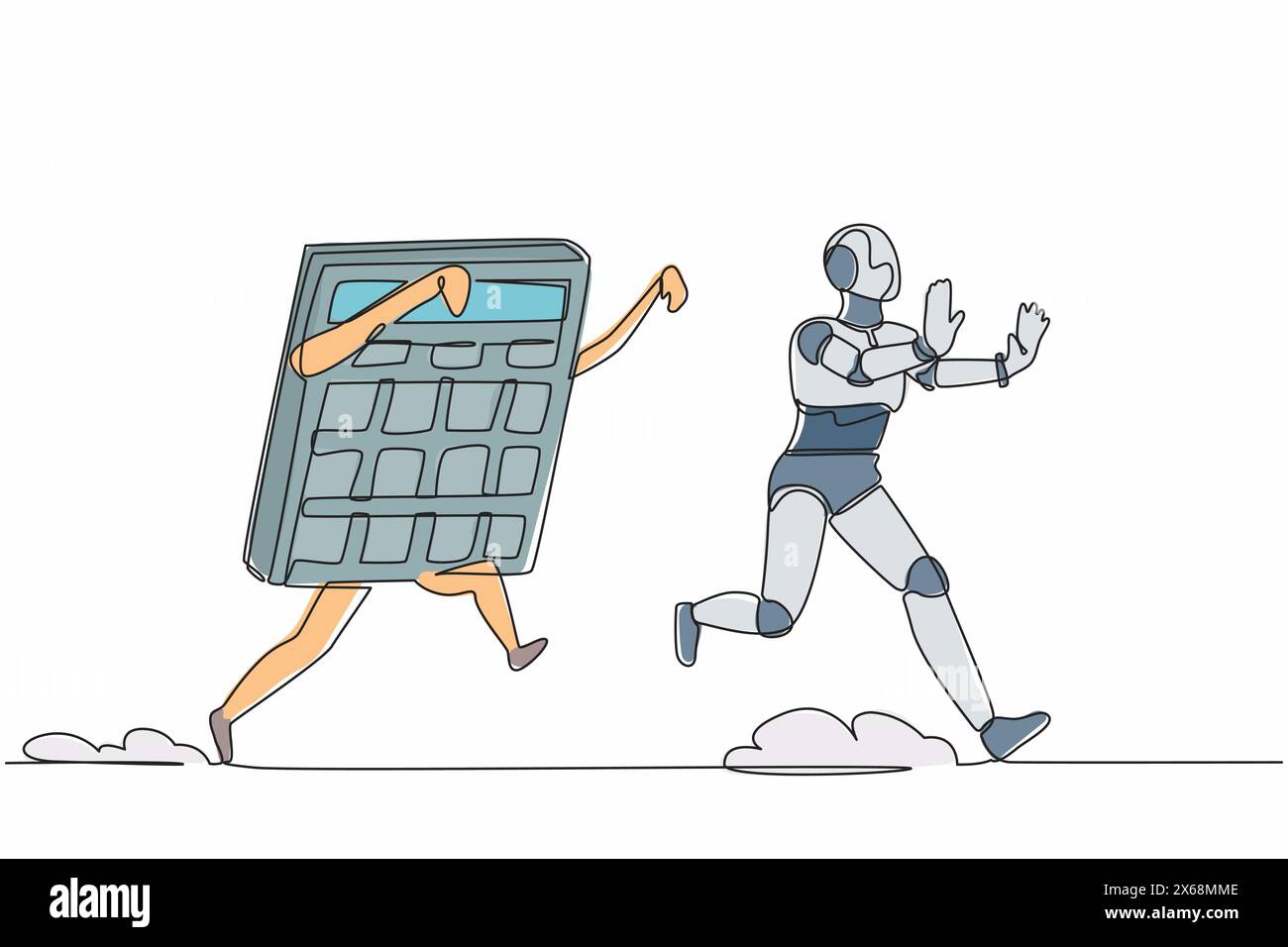 Single continuous line drawing stress robot being chased by calculator. Difficult in ...