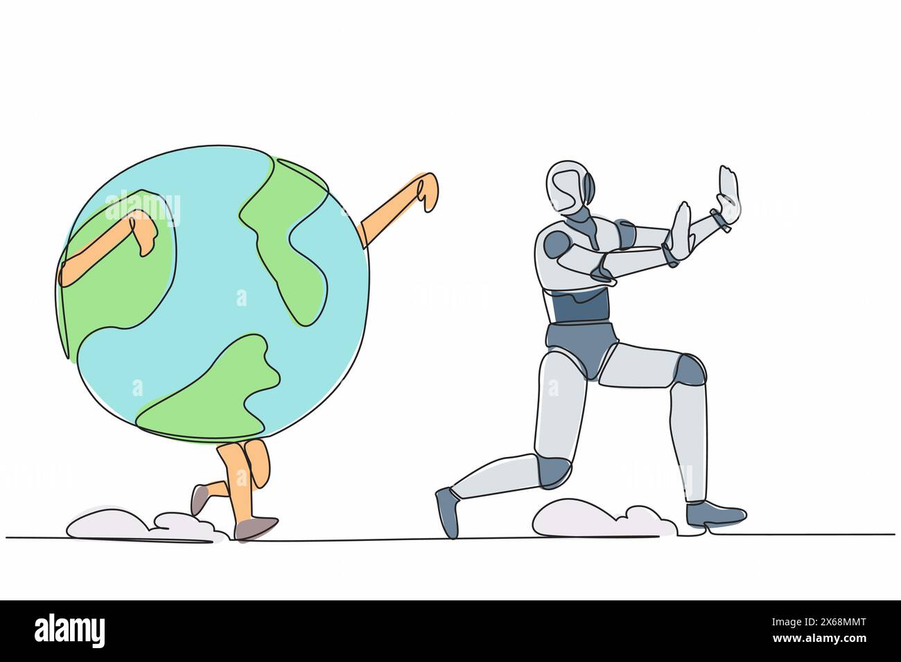 Single one line drawing stress robot being chased by globe. Afraid ... Single one line drawing stress robot being chased by globe. Afraid ...