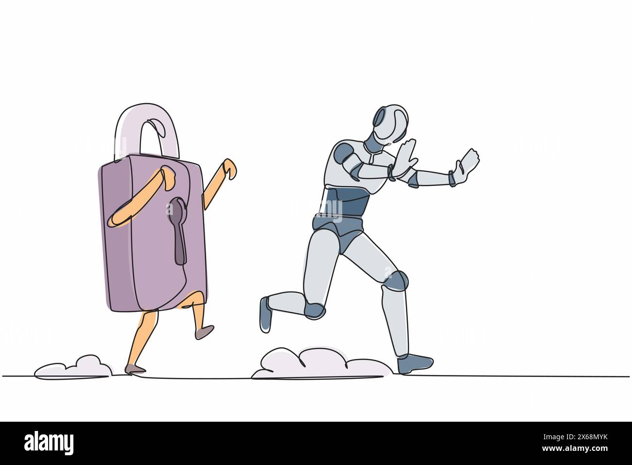 Single one line drawing stress robot being chased by padlock. Afraid ...