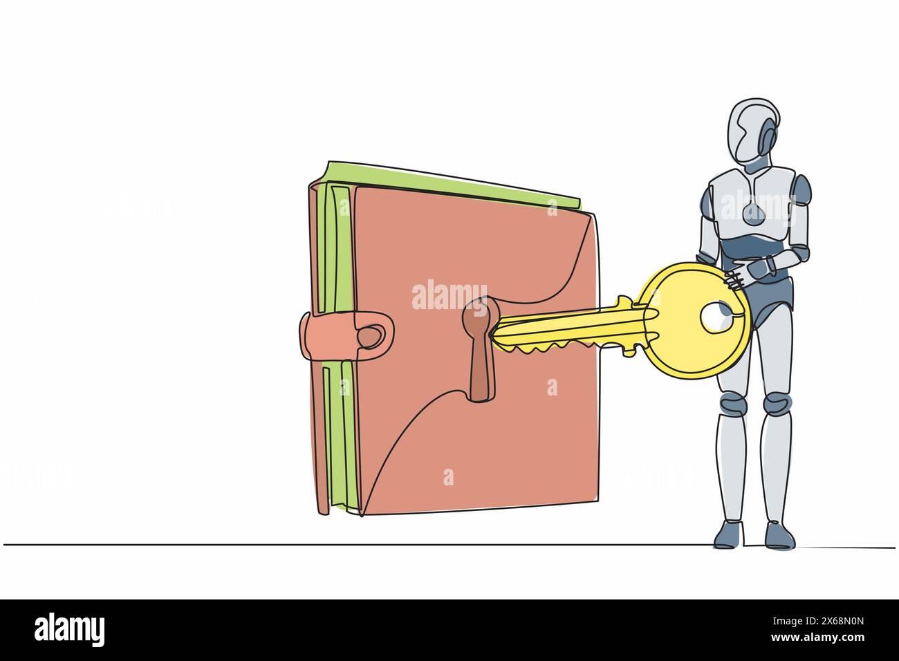 Single continuous line drawing robot put big key into wallet. Money ...